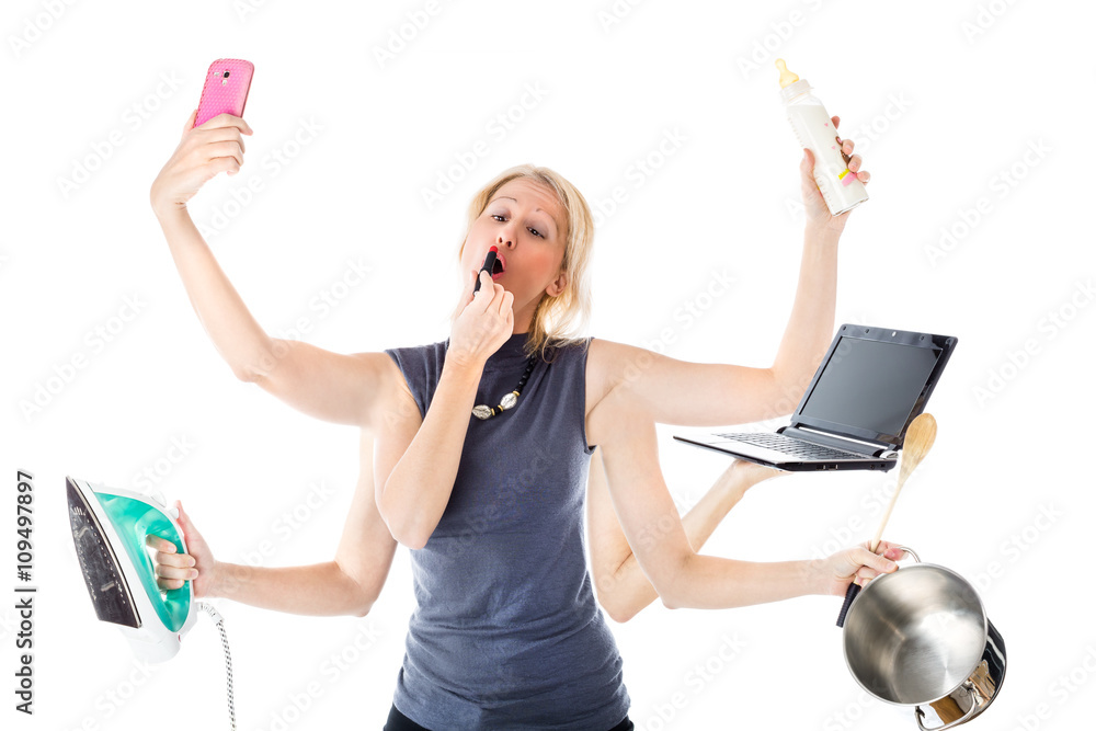 Woman in a multitasking mode. Isolated, white background. Concept of ...