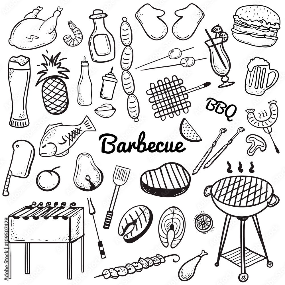 Vector sketchy line art Doodle set of objects and symbols for barbecue ...
