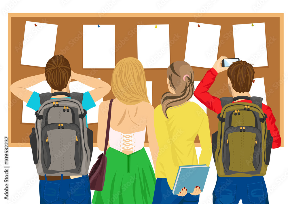back view of college students looking at bulletin board Stock Vector ...