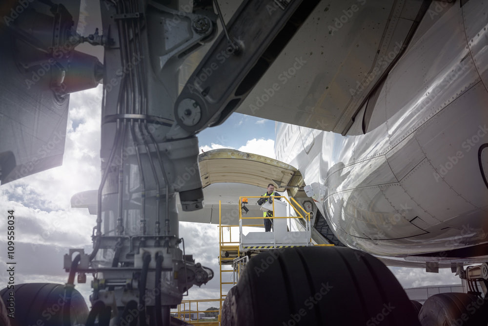 Baggage loader on A380 aircraft Stock Photo | Adobe Stock