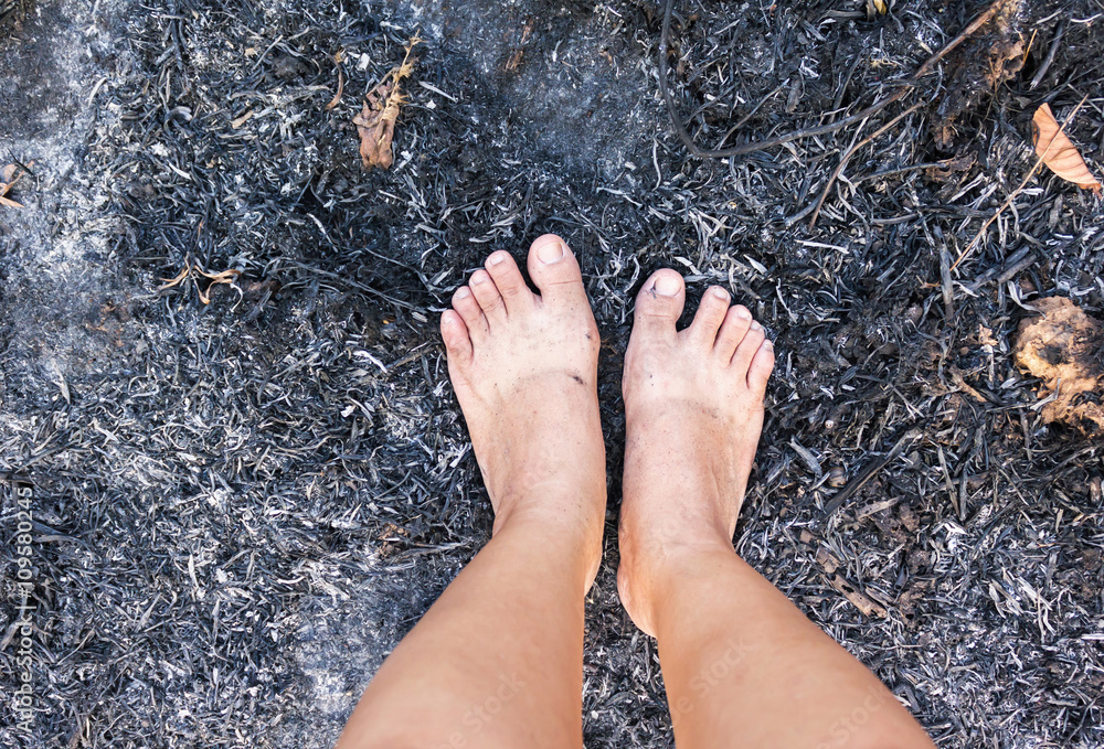 Barefoot on forest burnt cinders ground, concept world forest pr Stock ...