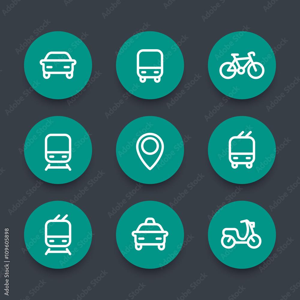 City and public transport round green icons, public transportation ...