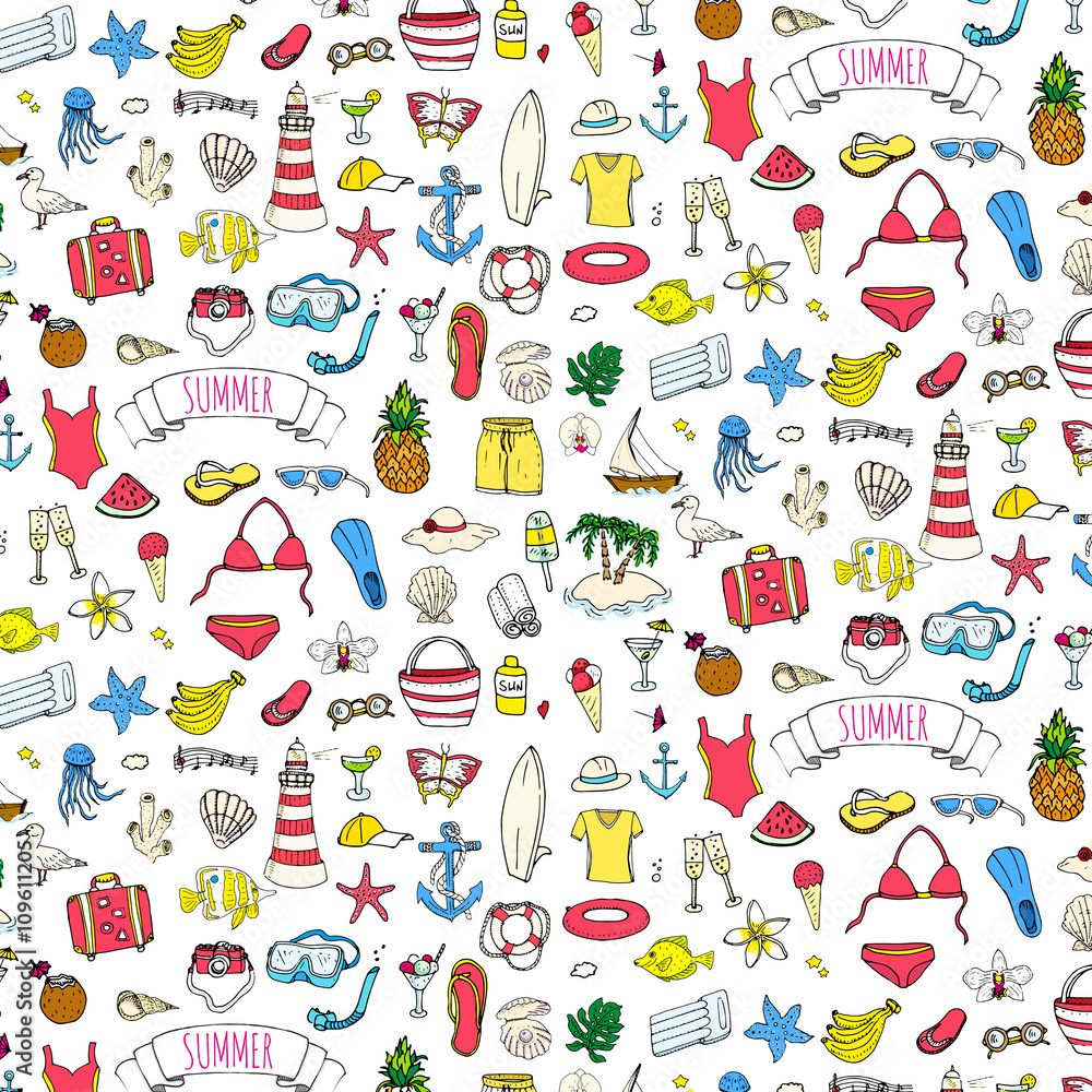 Seamless summertime traveling background Hand drawn doodle summer set ...