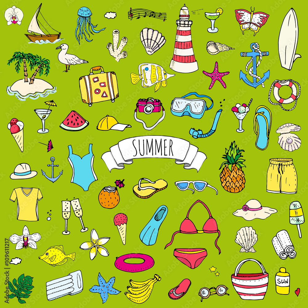 Hand drawn doodle summer set icons Vector illustration Sketchy summer ...