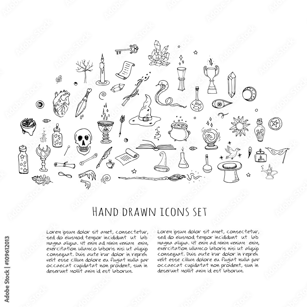 Hand drawn doodle Magic set Vector illustration wizardy, witchcraft ...