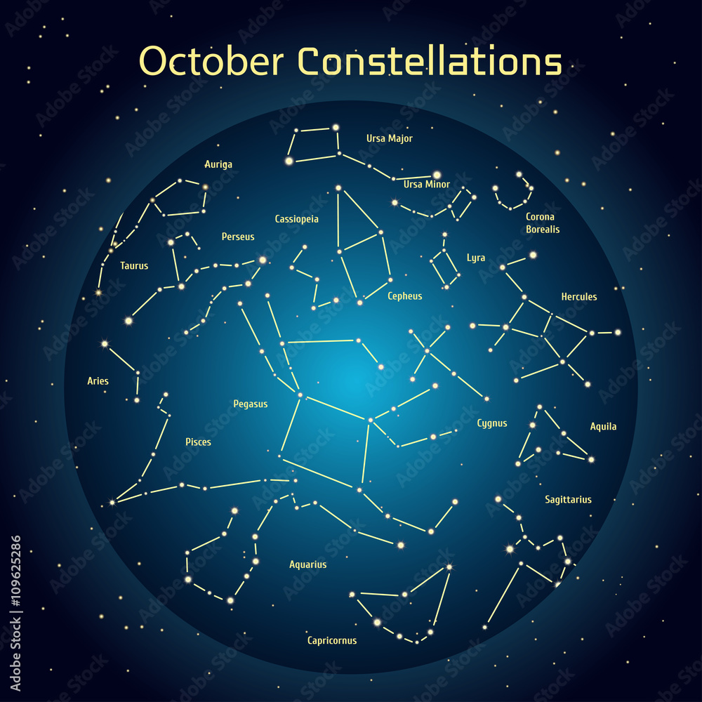 Vector illustration of the constellations of the night sky in October ...
