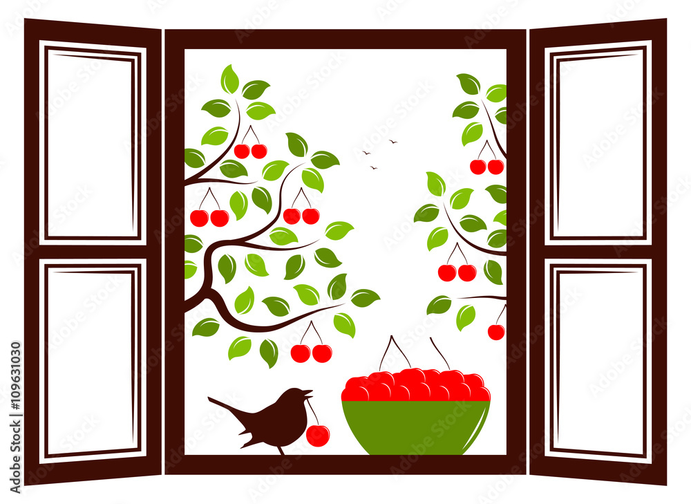 cherry trees outside window Stock Vector | Adobe Stock