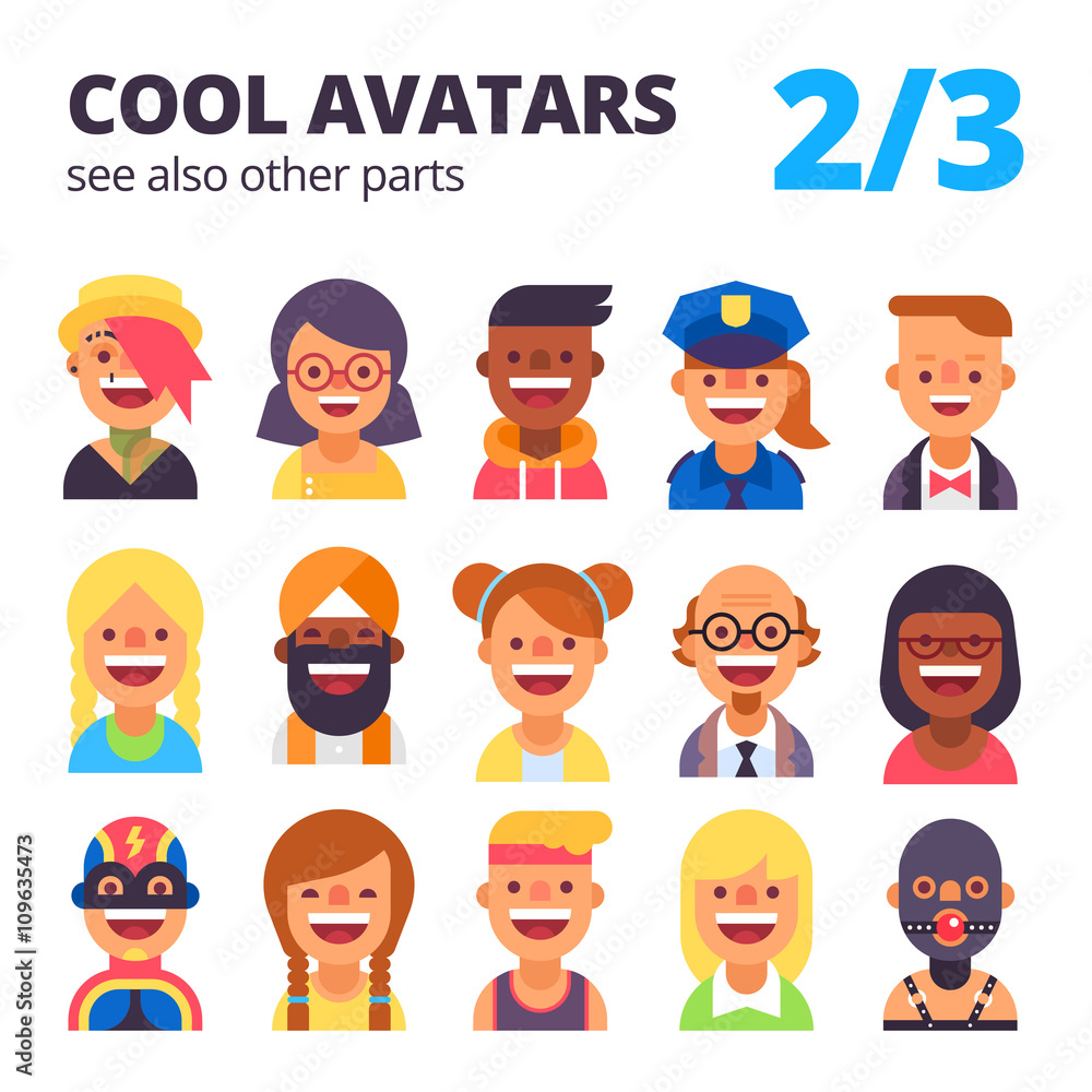 Set of cool avatars. Different skin tones, clothes and hair styles ...