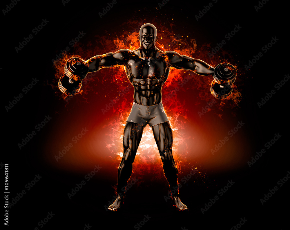 Muscular bodybuilder with dumbbells. Fire explode concept. 3d il Stock ...