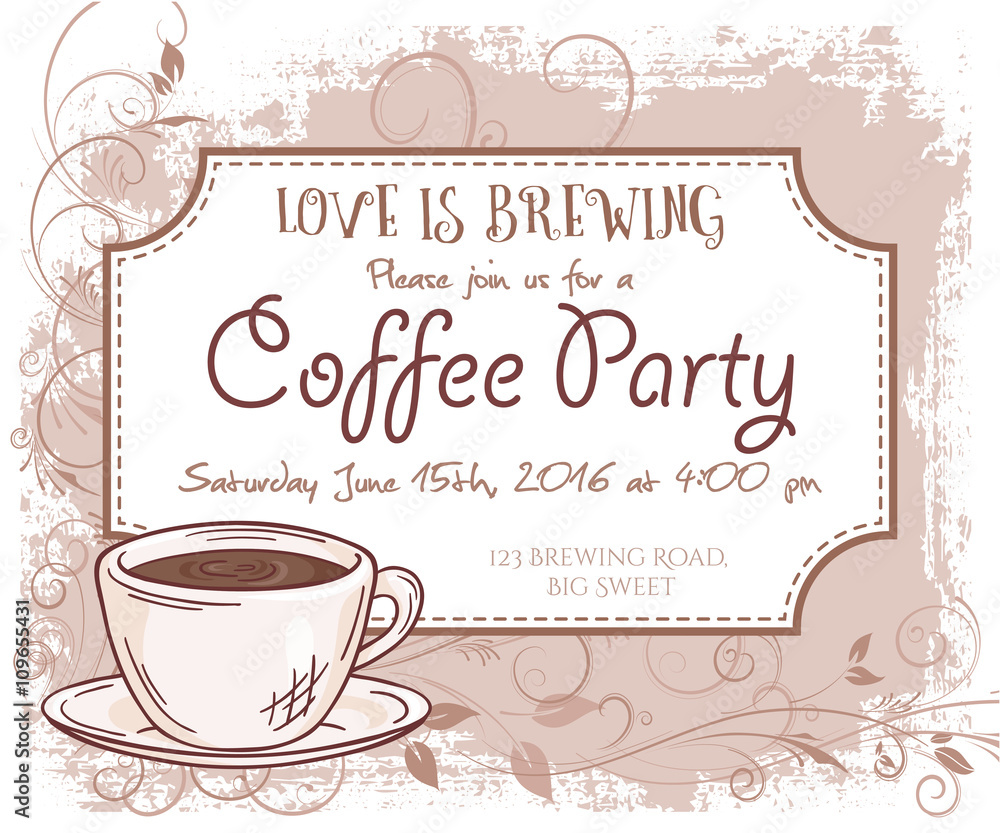 vector hand drawn coffee party invitation card, vintage frame, cup and ...