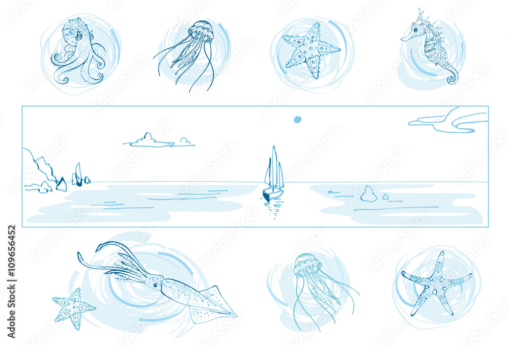 Set of sea theme for your design: octopus, jellyfish, starfish ...