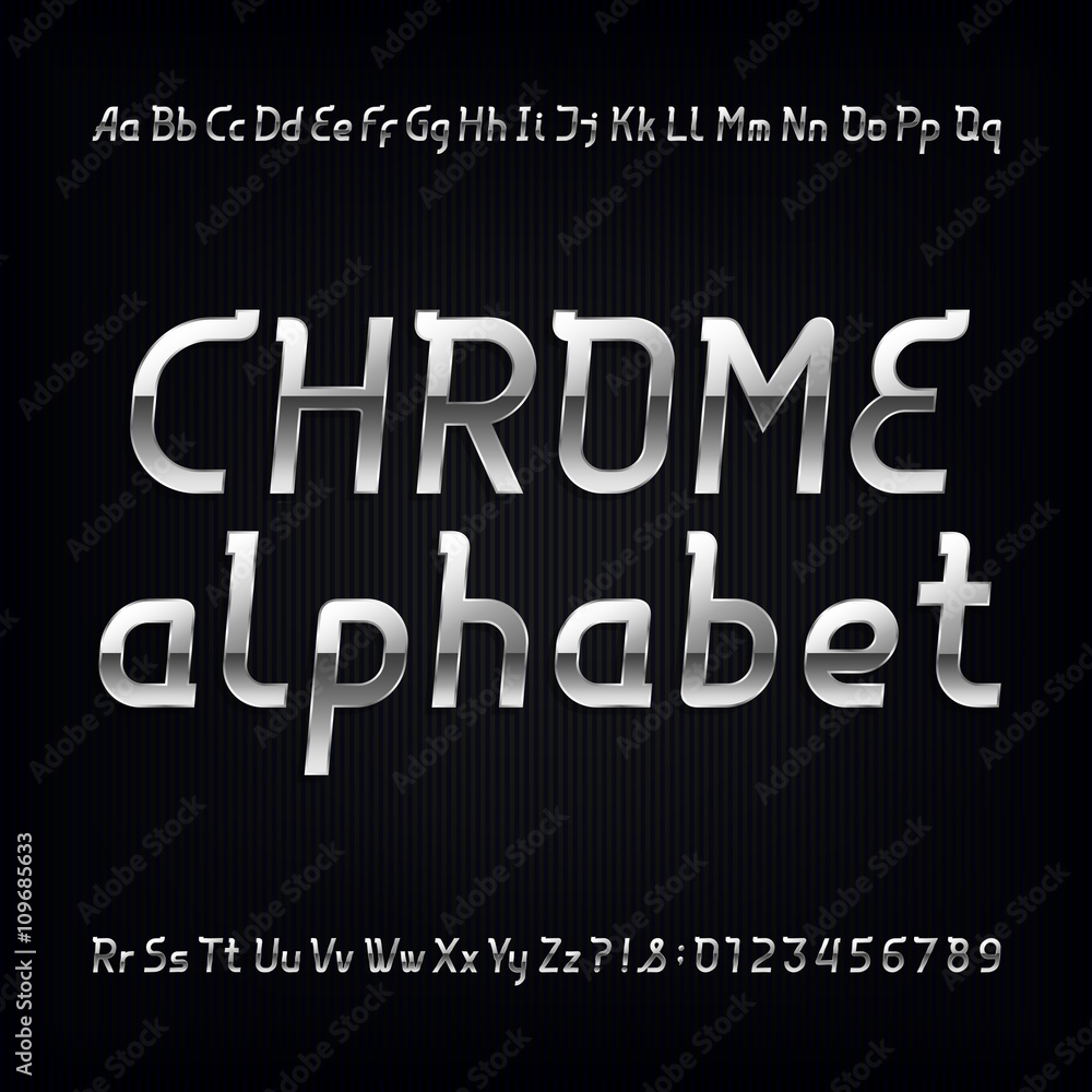 Chrome alphabet font. Modern metallic lowercase, uppercase letters and ...