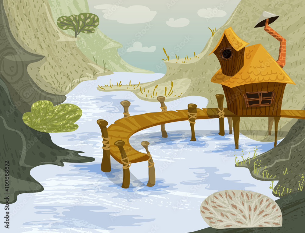 House on the river. Summer landscape. Vintage vector illustration in ...