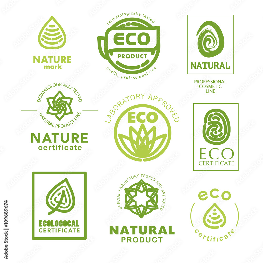 Vector flat eco product emblem set. Ecological cosmetic sign. Eco badge ...