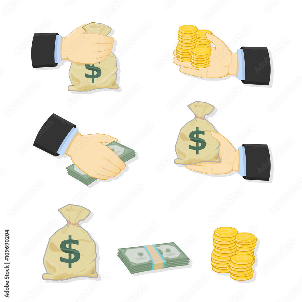 Vector Illustration icon set for buying or selling with cash. Hands ...