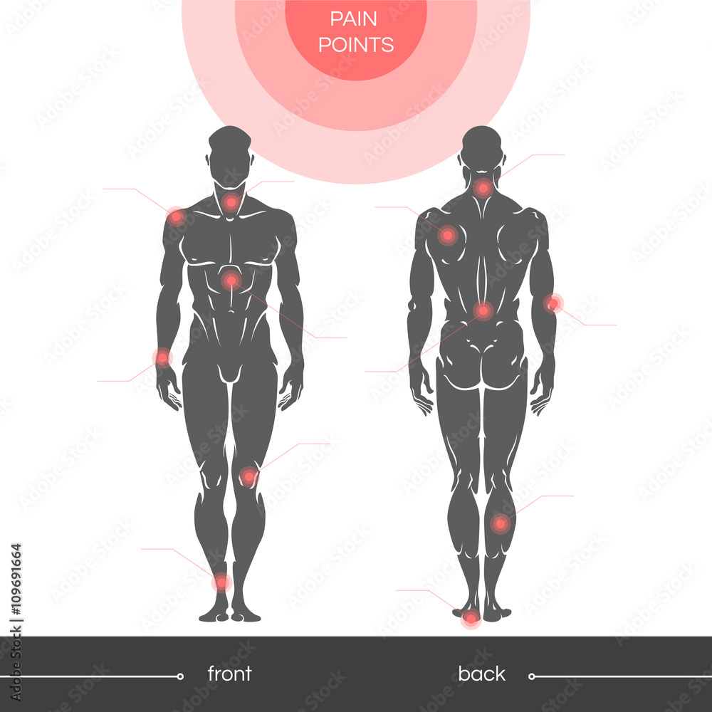 Young healthy man is a full-length with a designation of points of pain ...