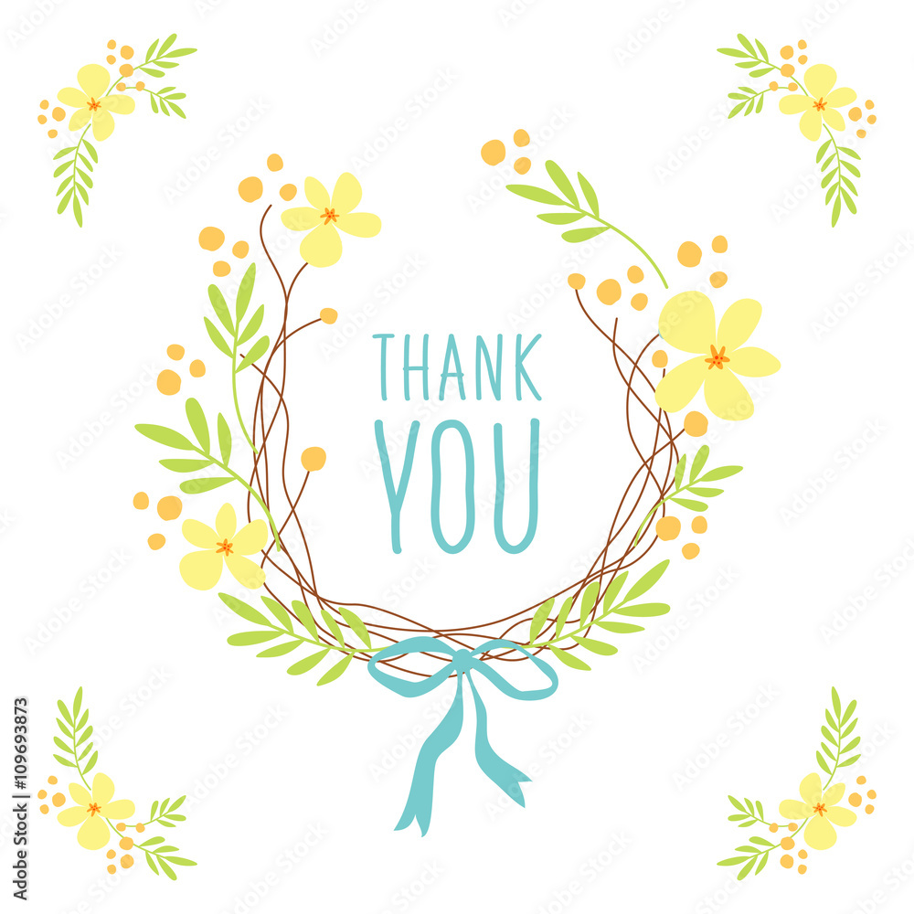 Cute rustic wreath with hand drawn flowers and hand written text Thank ...