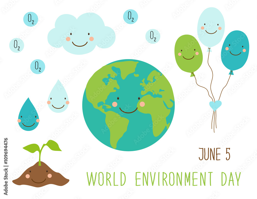 Cute hand drawn World Environment Day card with smiling characters of ...