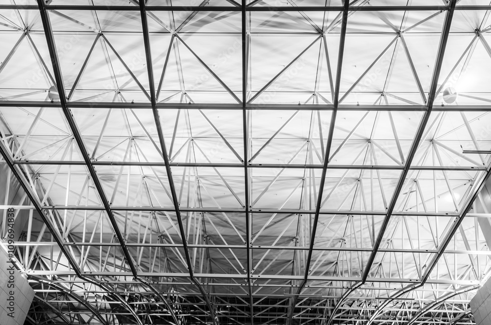 Steel construction of an airport terminal at night, HDR Structure of ...