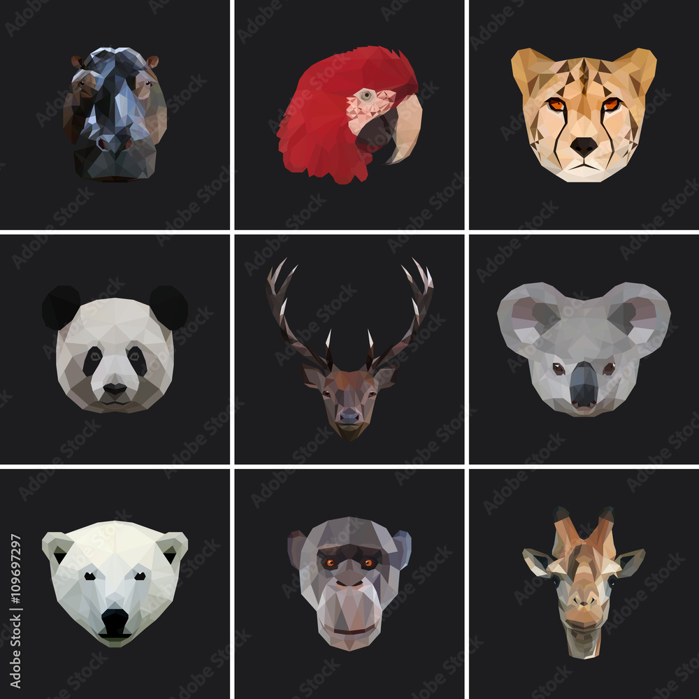 Geometric colored animal set isolated silhouette designed on dark ...