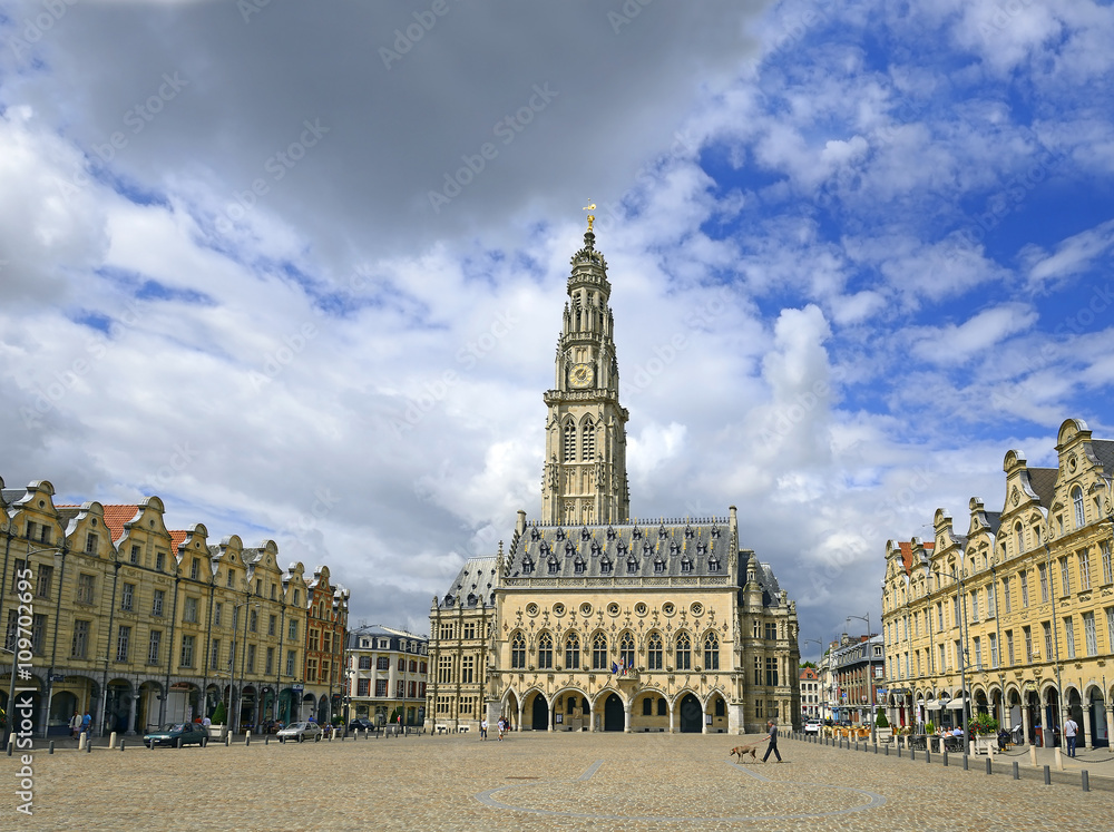 Town hall in Arras. Town hall with a tower that belongs to the set of ...