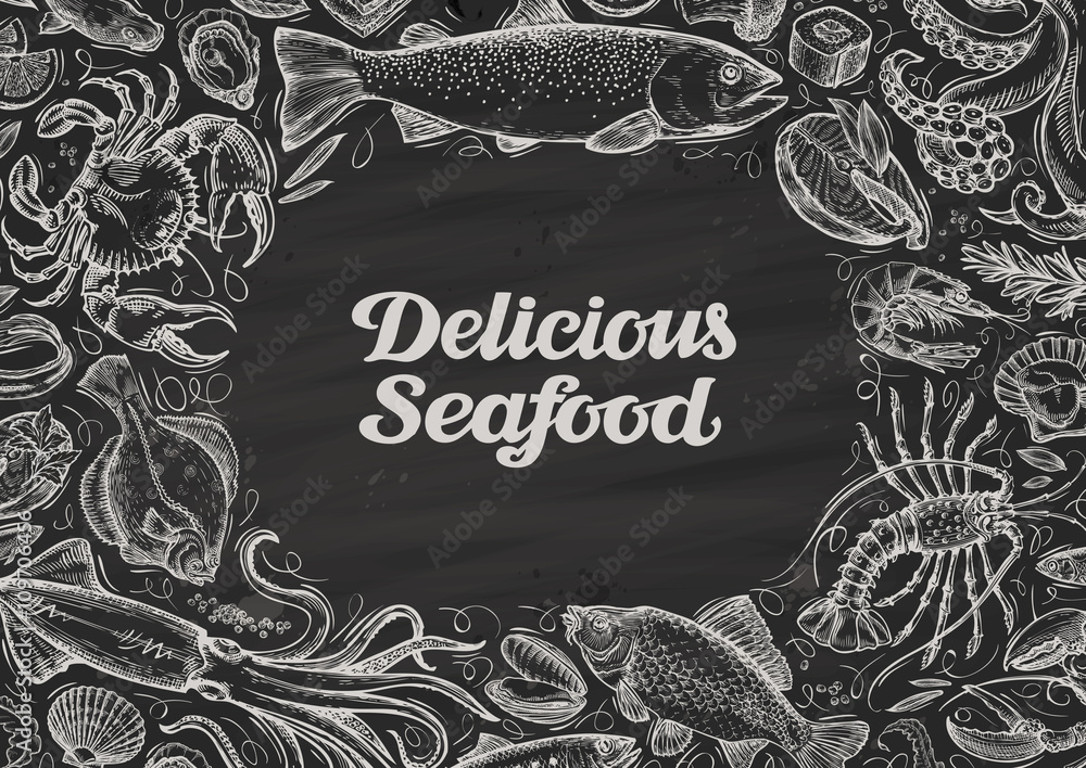 delicious seafood. hand drawn food on chalkboard. template design menu ...