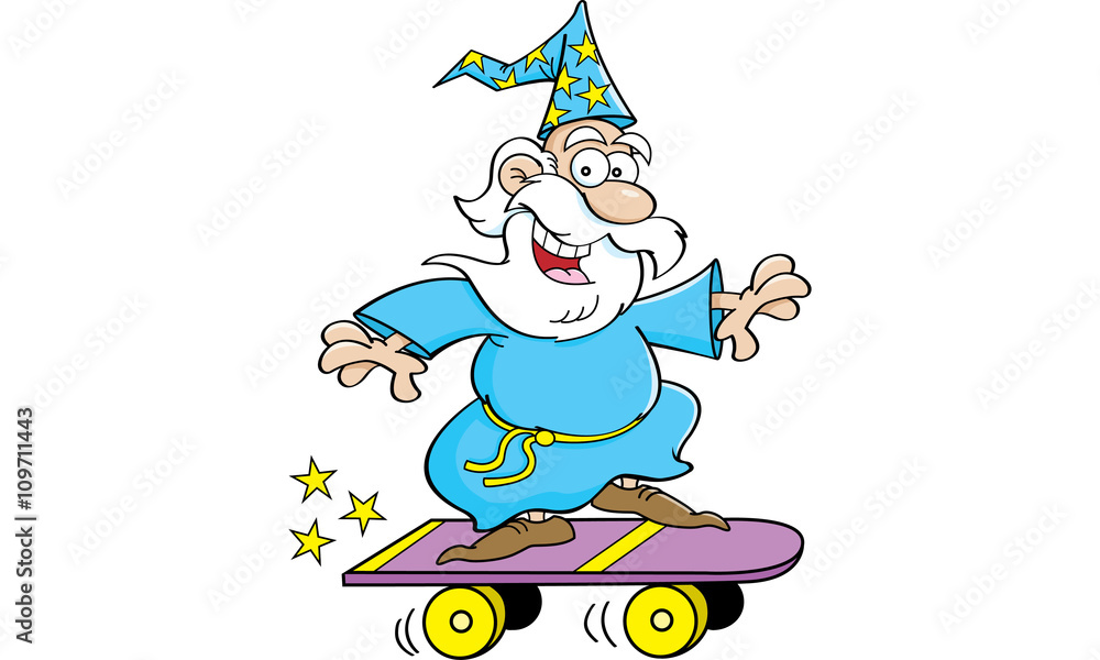 Cartoon illustration of a wizard riding a skateboard. Stock ...