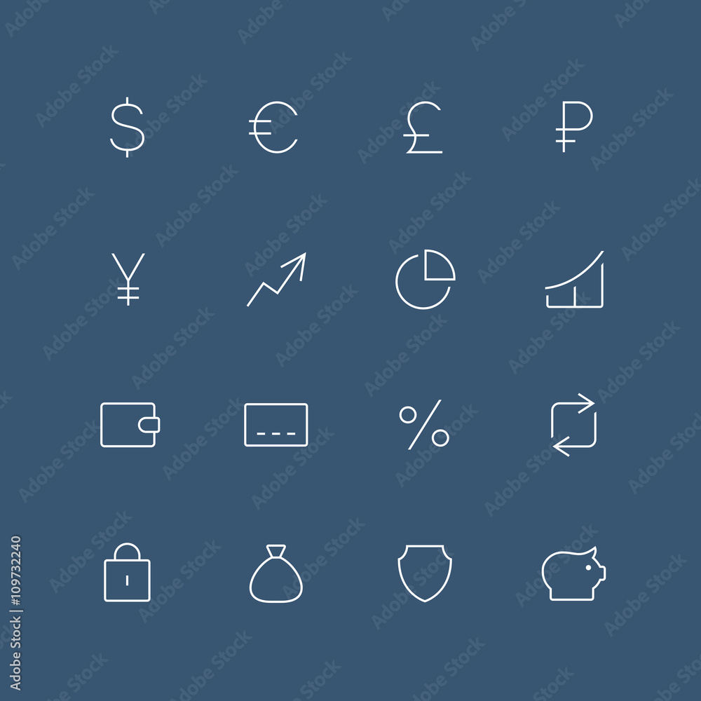 Money thin outline icon set with rounded corners - different symbols on ...