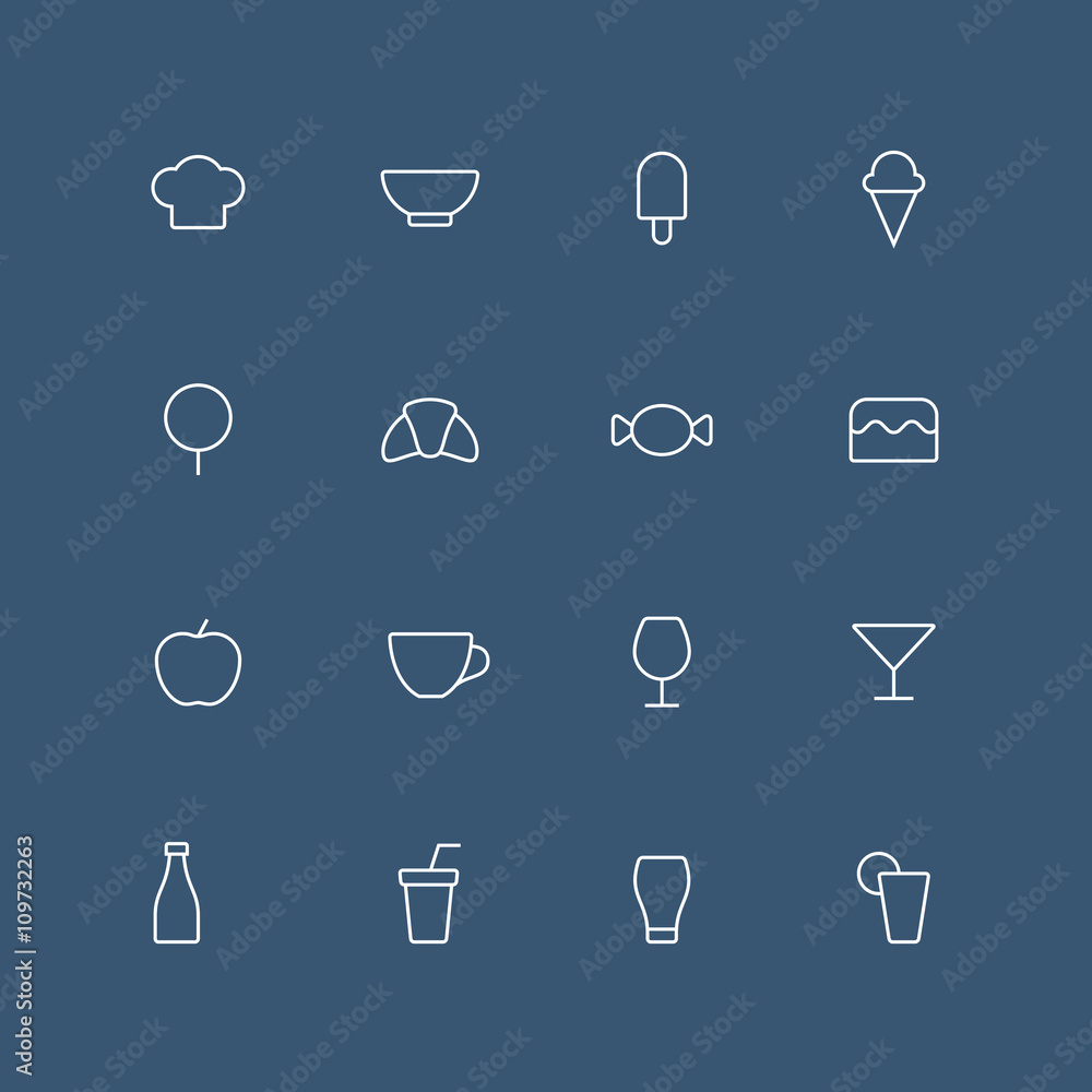 Cafe thin outline icon set with rounded corners - different symbols on ...