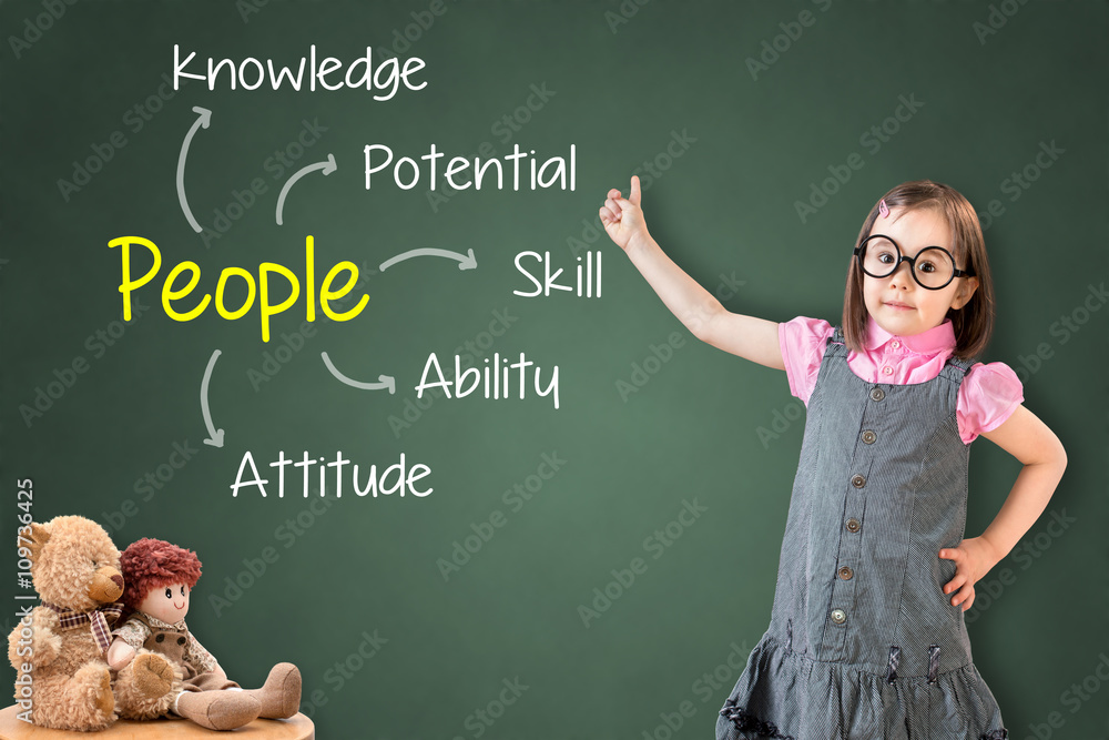 Cute little girl wearing business dress and showing people development ...