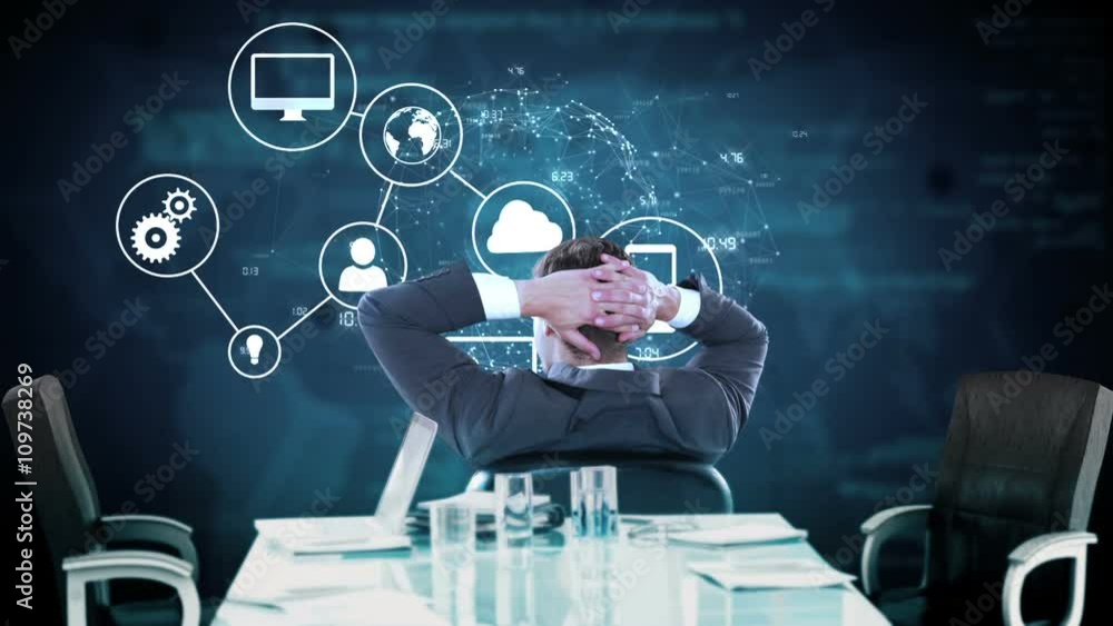 Relaxed businessman looking at digital wall graphics Stock Video ...