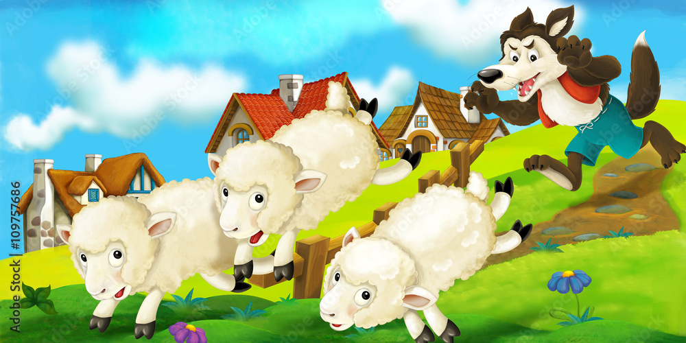 Cartoon scene of a wolf trying to steal a sheep from the herd ...