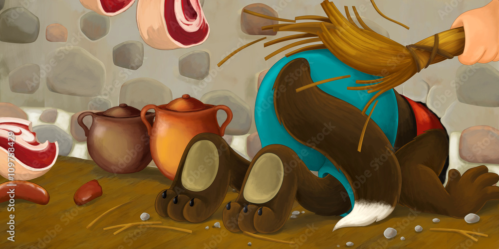 Cartoon scene of a wolf that stuck - beaten up as punishment ...