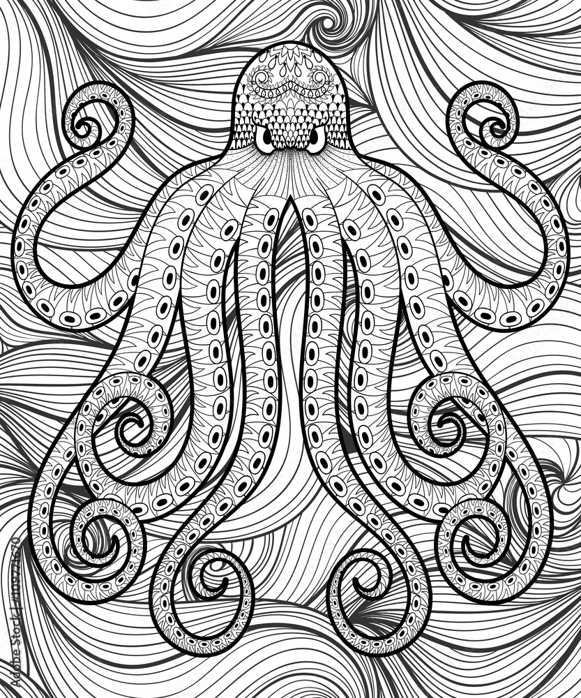 Vector zentangle octopus in sea, print for adult coloring page A Stock ...