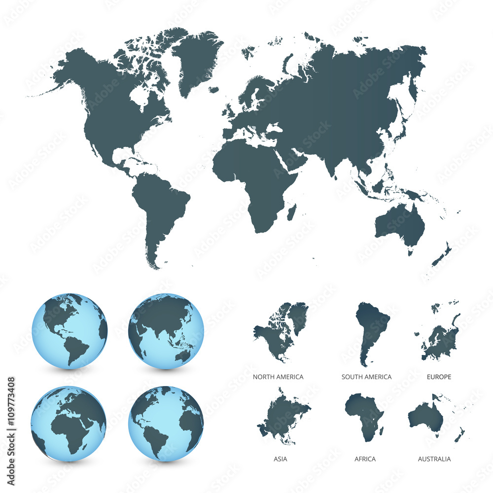 World Map with Globes detailed editable. Vector illustration. Stock ...