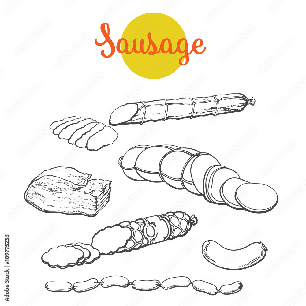 Set sausages, vector sketch hand-drawn salami, Meat products isolated ...