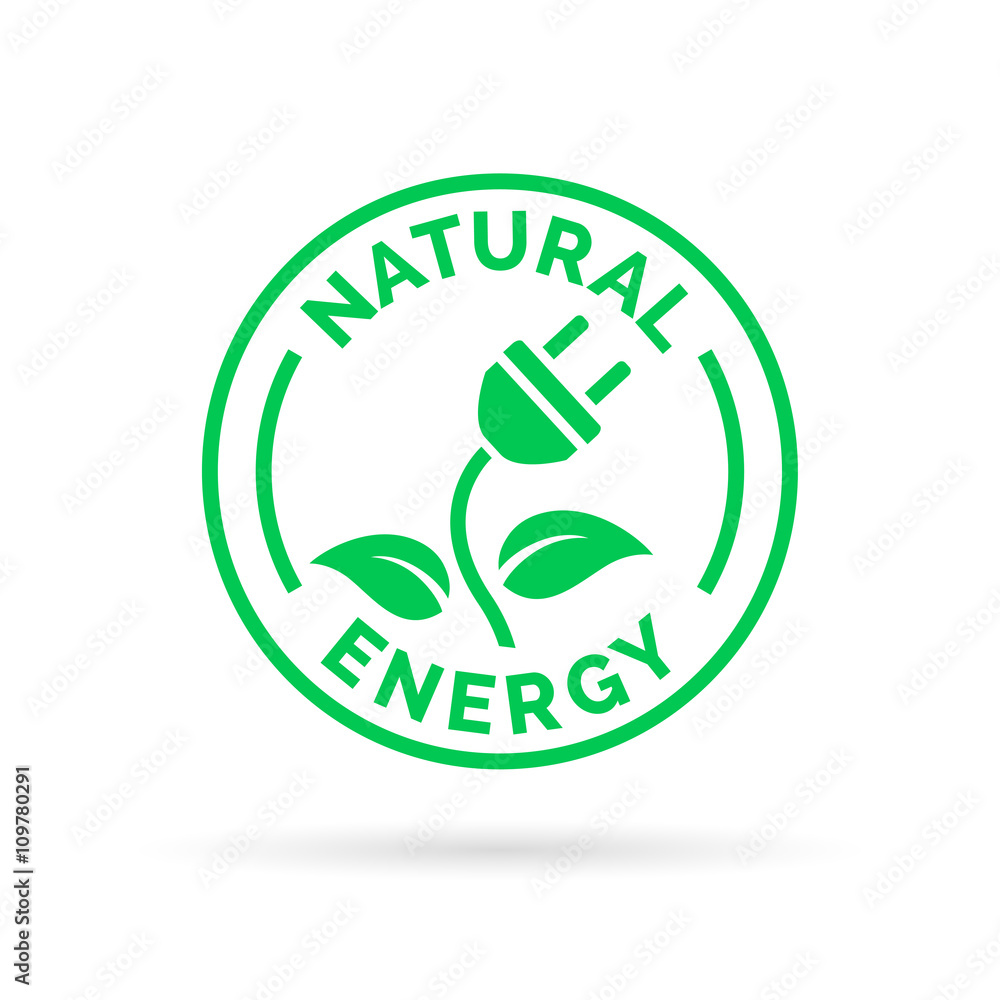 Natural green eco energy icon symbol with electric plug, plant and leaf ...