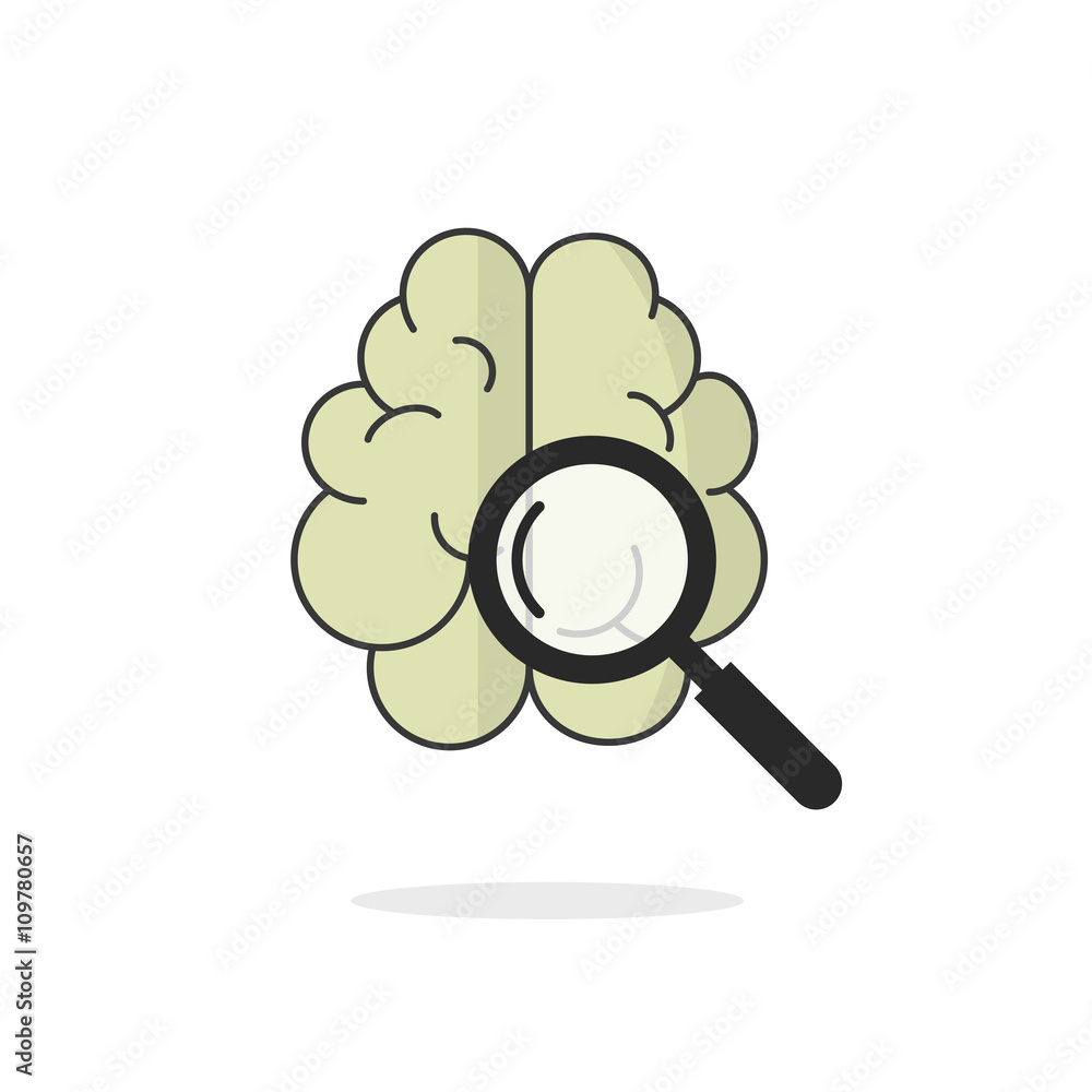 Human brain scan vector icon, flat brain symbol with magnifier glass ...