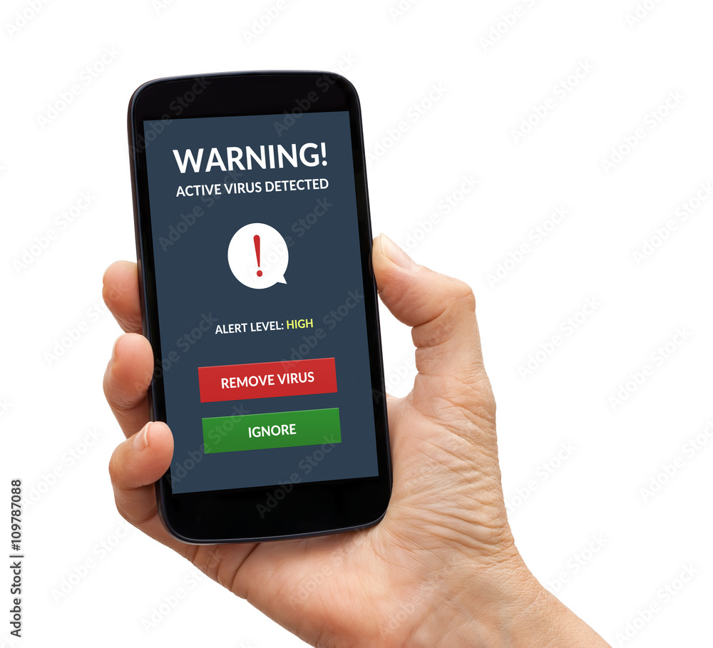 Hand holding smart phone with virus alert on screen. Isolated on white ...