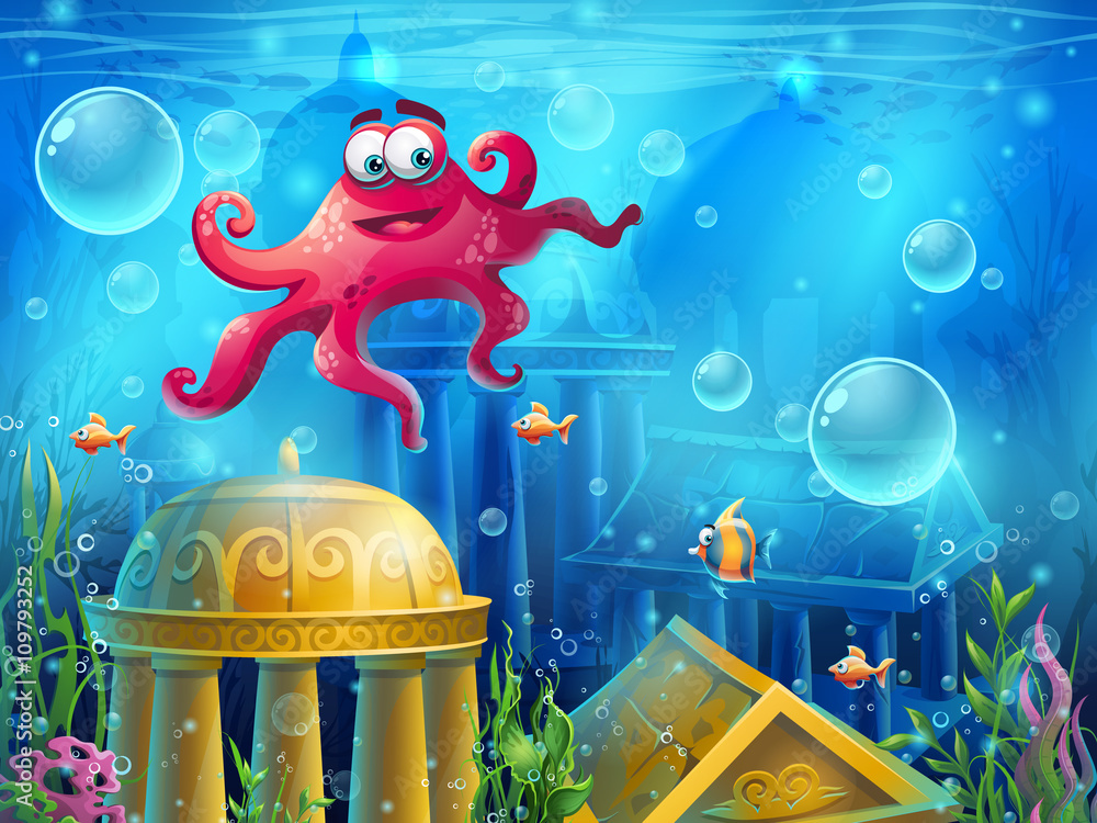 Atlantis ruins cartoon octopus - vector background illustration Stock ...