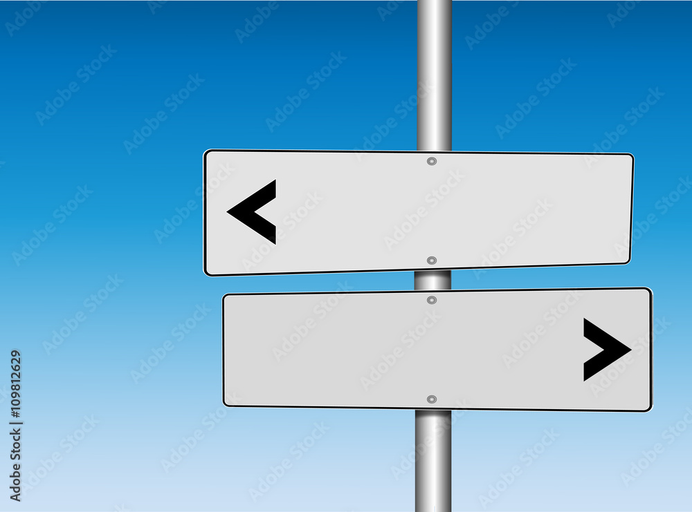 Two Panel White Directional Road Signs pointing at opposite directions ...