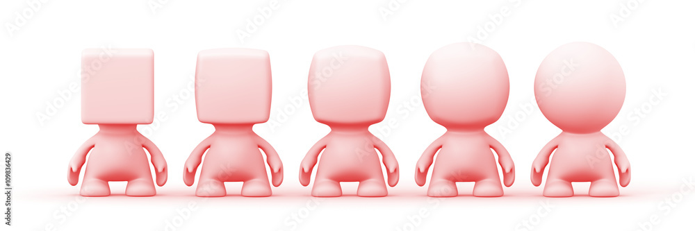five pink human 3d people with heads shaped from spherical to cubical ...