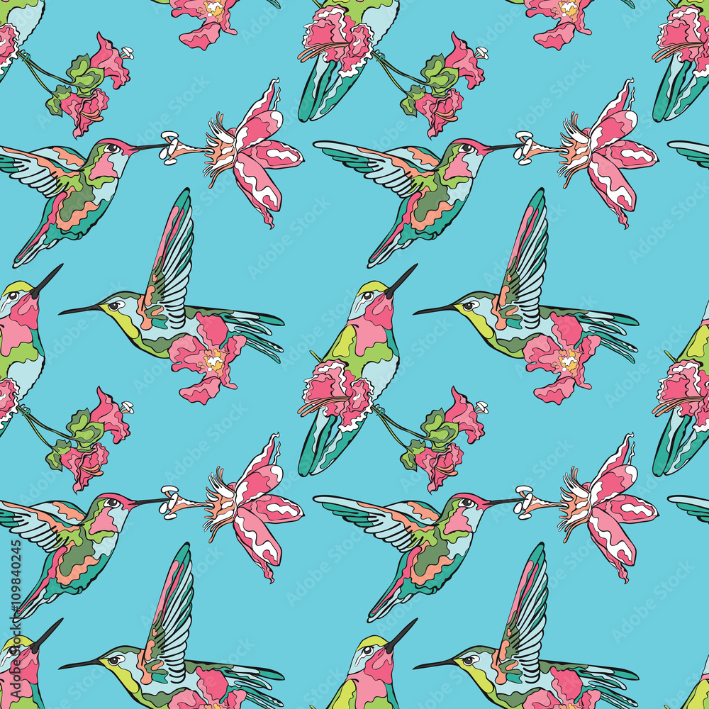 Small bird. Hummingbirds. Floral pattern. Vector seamless pattern ...