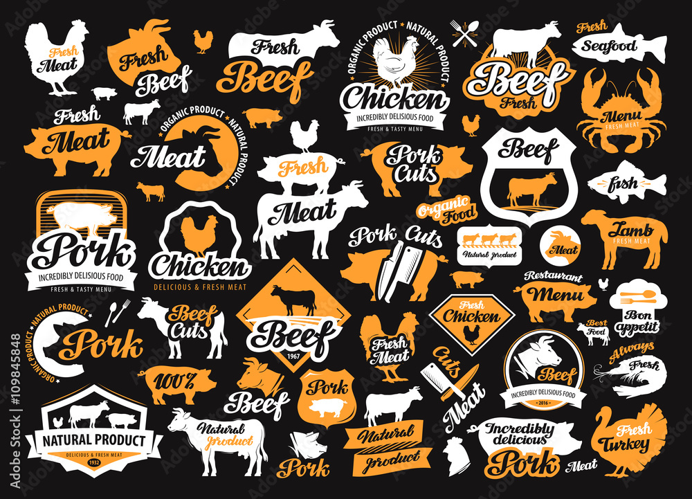 vector set of food, meat labels, logos, icons, design elements Stock ...