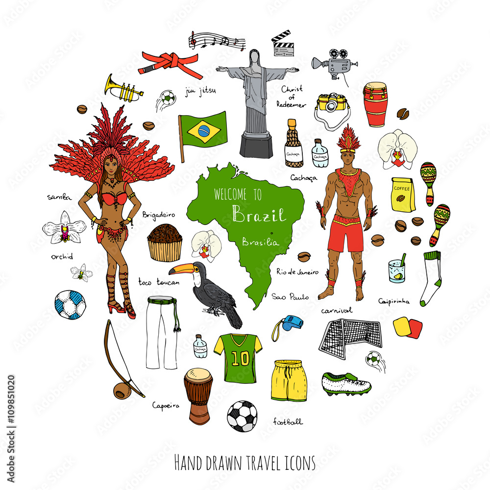 Hand drawn doodle Welcome to Brazil set Vector illustration Sketchy ...