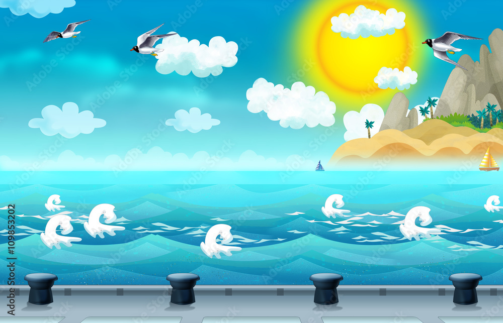 Cartoon background of a sea and docking station for ships ...