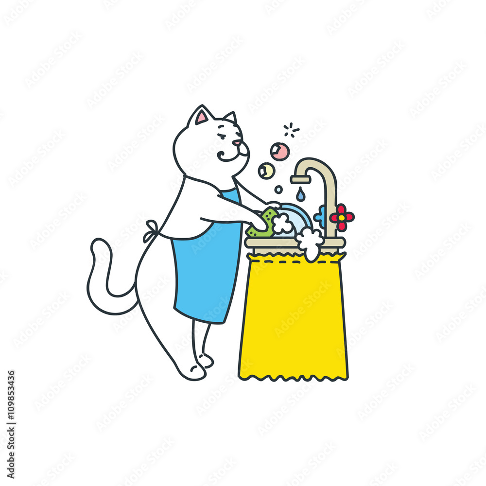 Funny white cat doing the washing up. Doodle vector illustration ...