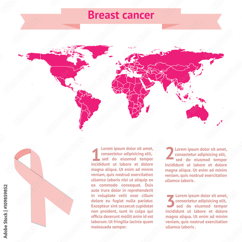 Global collaboration breast cancer World map and triangle ribbon ...