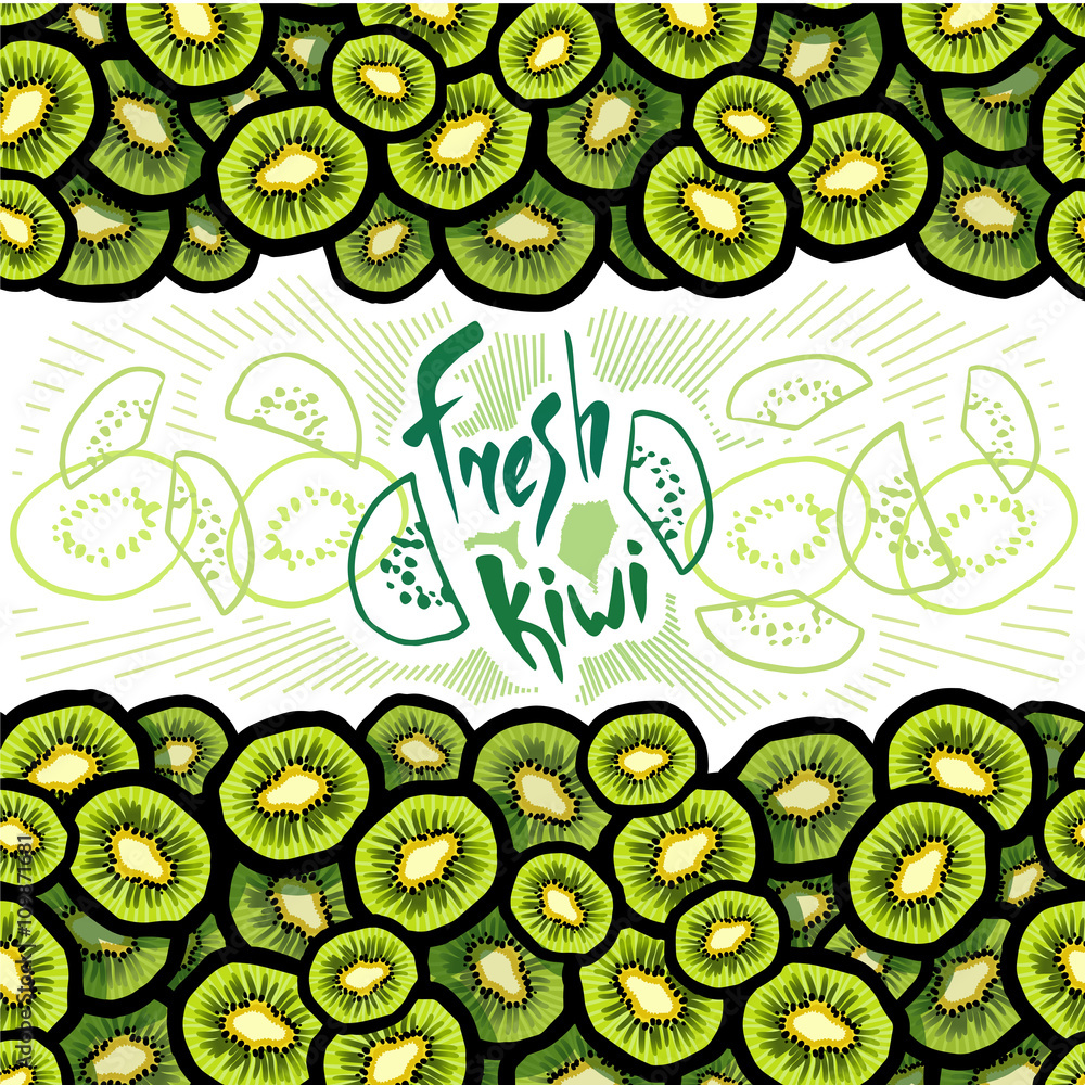 Vector illustration of fresh kiwi seamless border strip with lettering ...