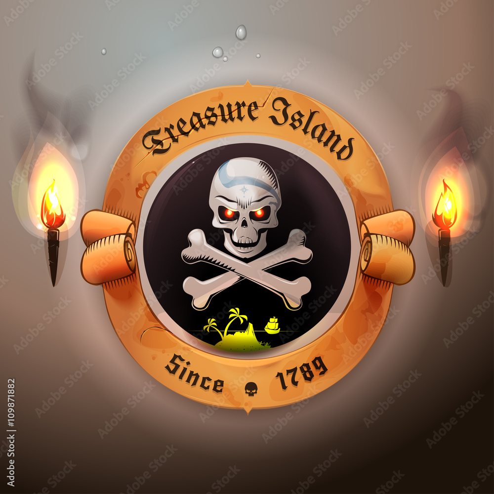Vintage nautical label or logo.Treasure island and pirate flag ...